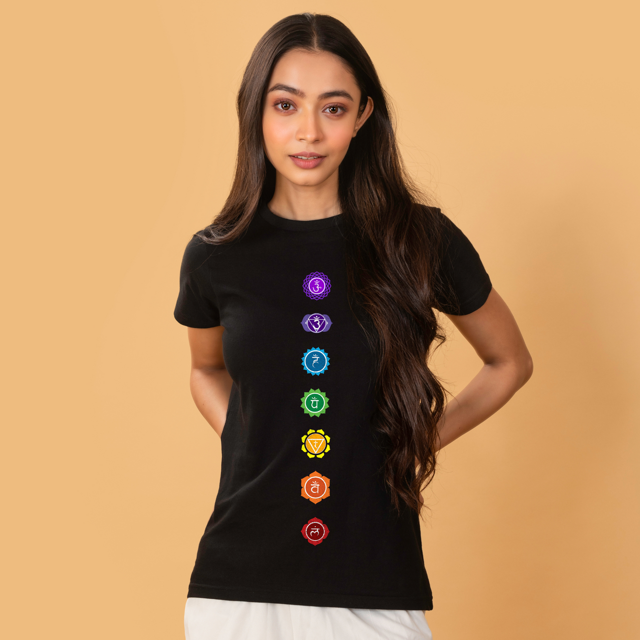 Chakras Premium Cotton White and Black Women Yoga T-shirt