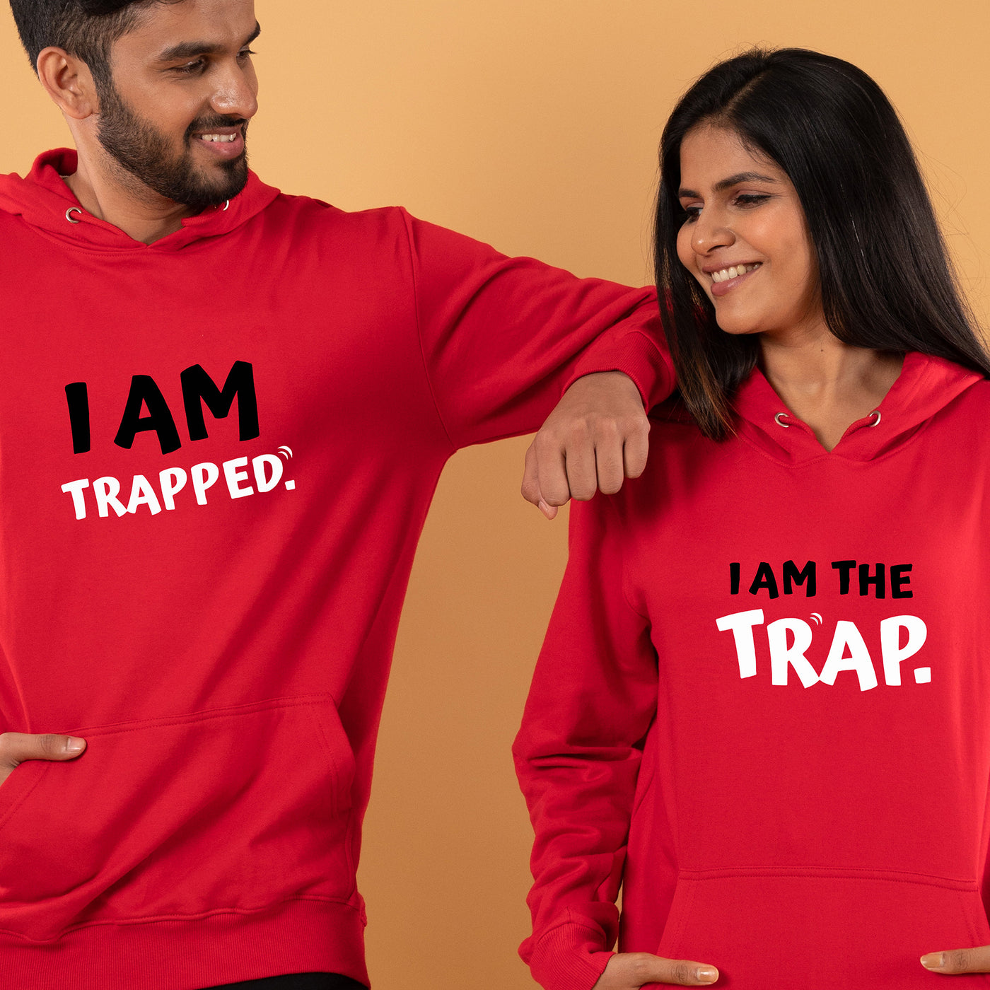 I am trapped red couple hoodies