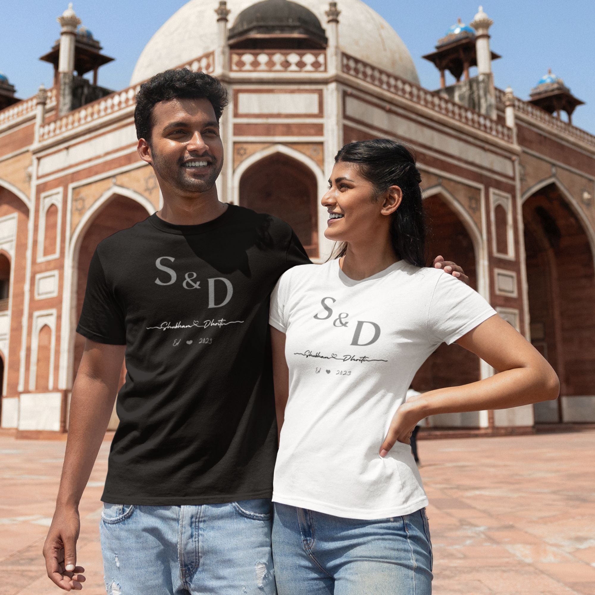 Name, Date & Initials Personalized Couple T-Shirts From Gogirgit