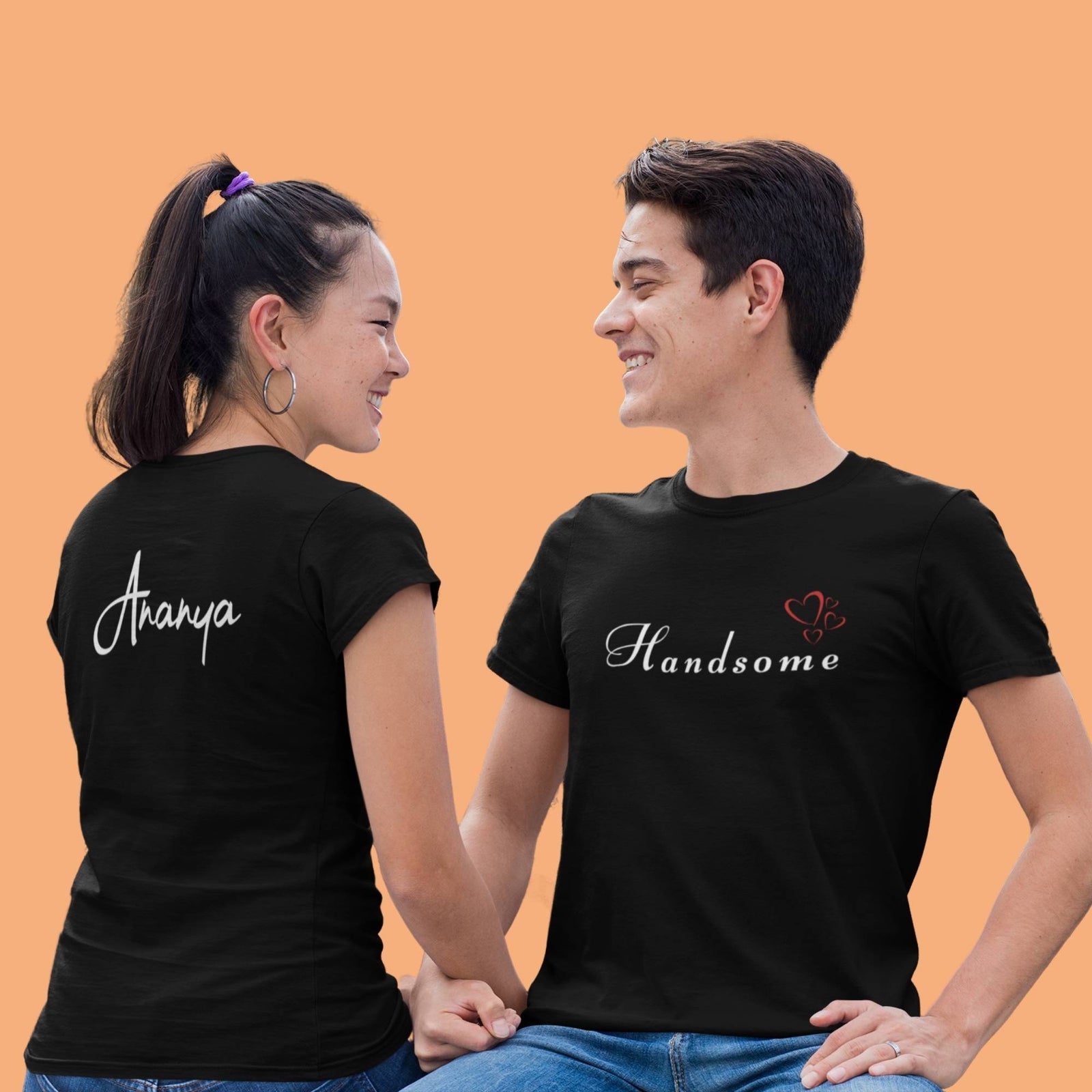 Beautiful Handsome Customizable Black Couple T-shirts