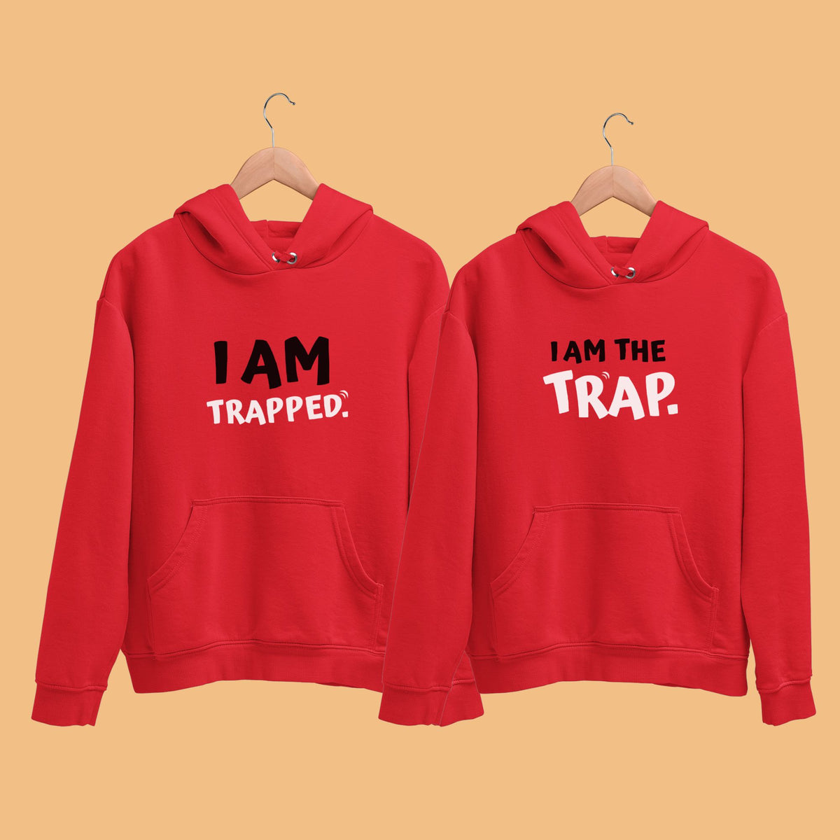 I am trapped red couple hoodies