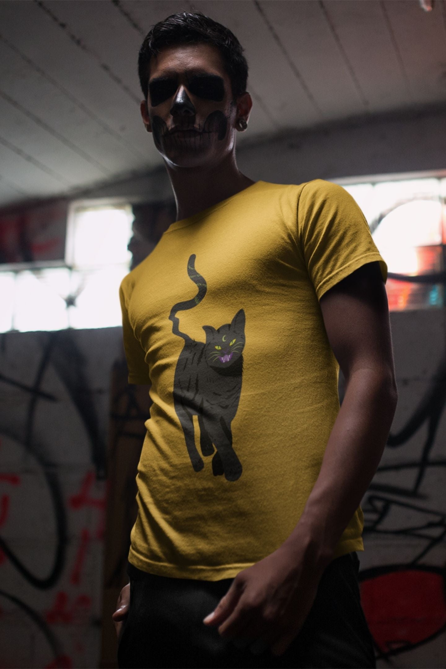 Haunted Cat Halloween Yellow T-shirt