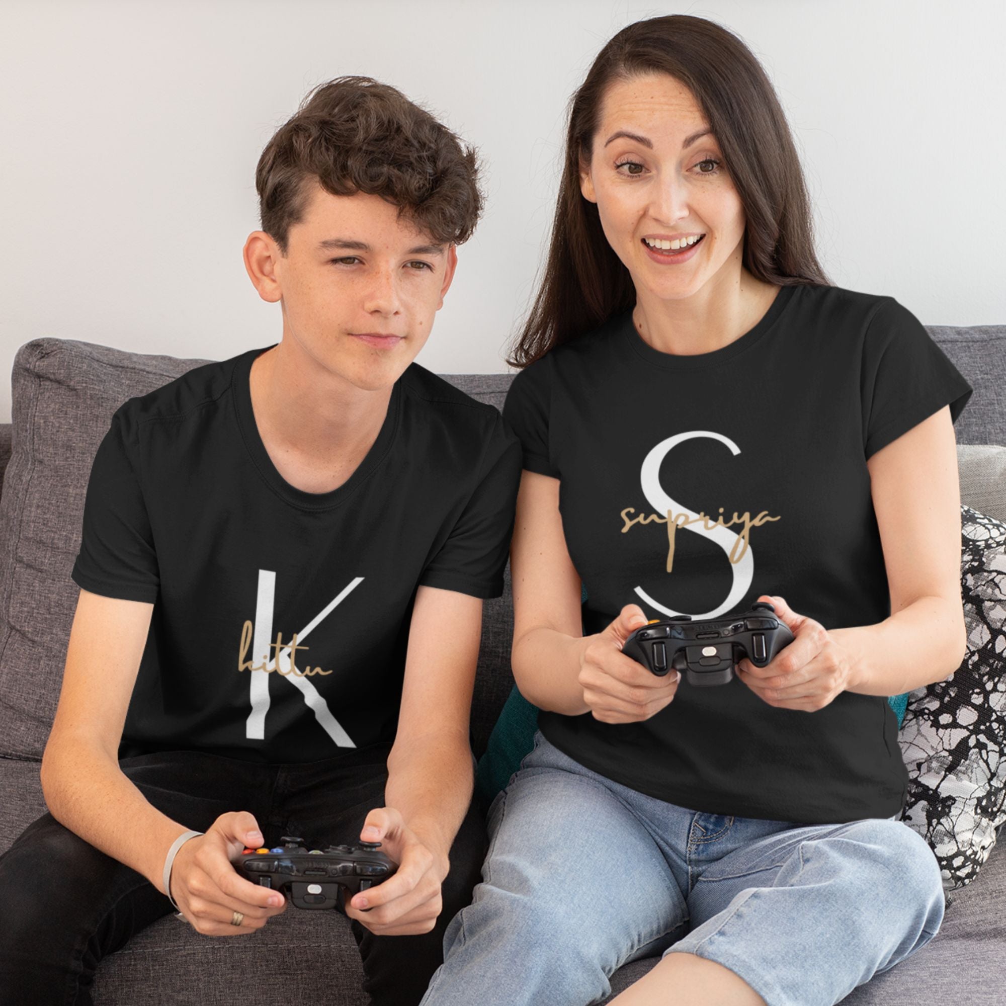 Personalized Name Matching Family Black Cotton T-shirts